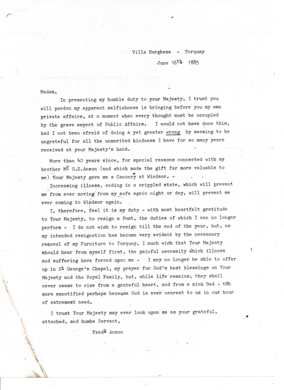 Letter to Queen Victoria from Frederick Anson, 1885; Wendy Sevier; SGRT ...
