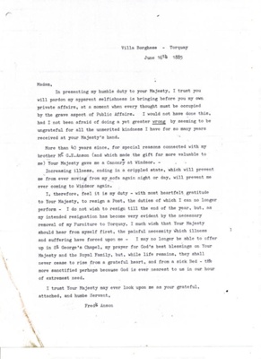 Letter to Queen Victoria from Frederick Anson, 1885; Wendy Sevier; SGRT ...