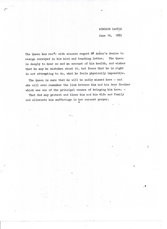 Letter regarding Queen Victoria and Frederick Anson (unsigned), 1885 ...