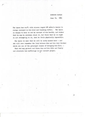 Letter regarding Queen Victoria and Frederick Anson (unsigned), 1885 ...