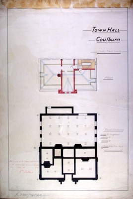 Black ink drawings of floor plan of attics and foundations of Town Hall ...