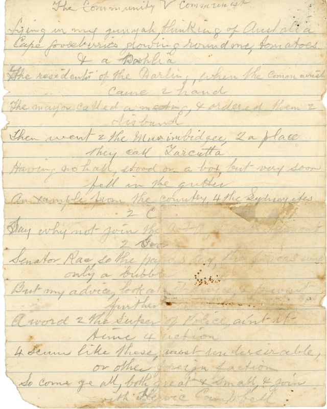 Handwritten poem by Colonel Wilmot: ‘The Community v Communist ...