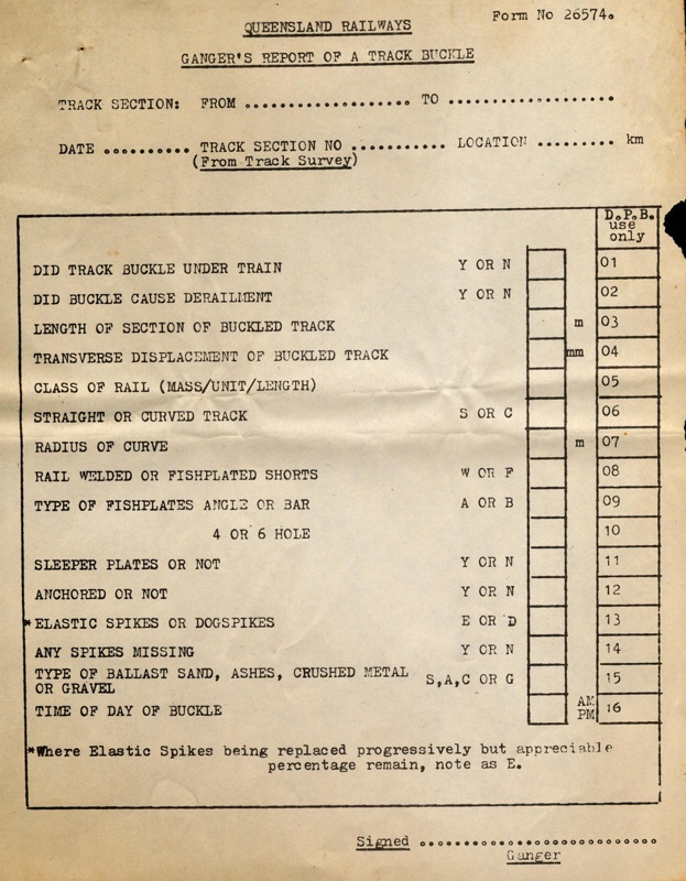 QR, Form No 26574 - Ganger's Report of A Track Buckle; A-1629 | eHive