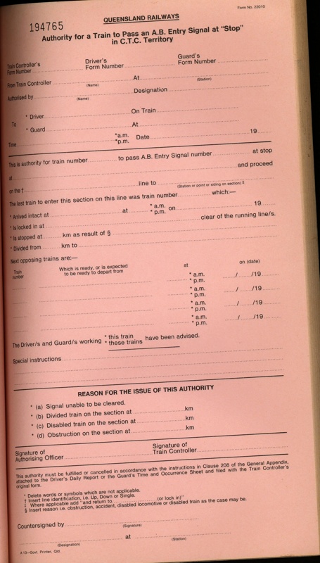 Qld Railways Form No. 22010 Authority for a train to pass an A.B. entry ...