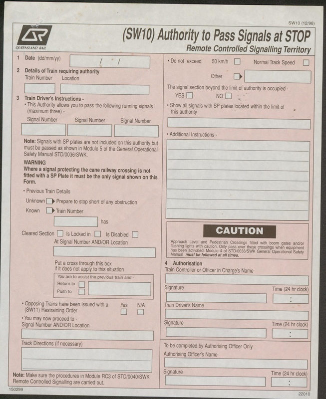 QR - (SW10) Authority to Pass Signals at STOP; 1998 - 1999; A-0311 | eHive
