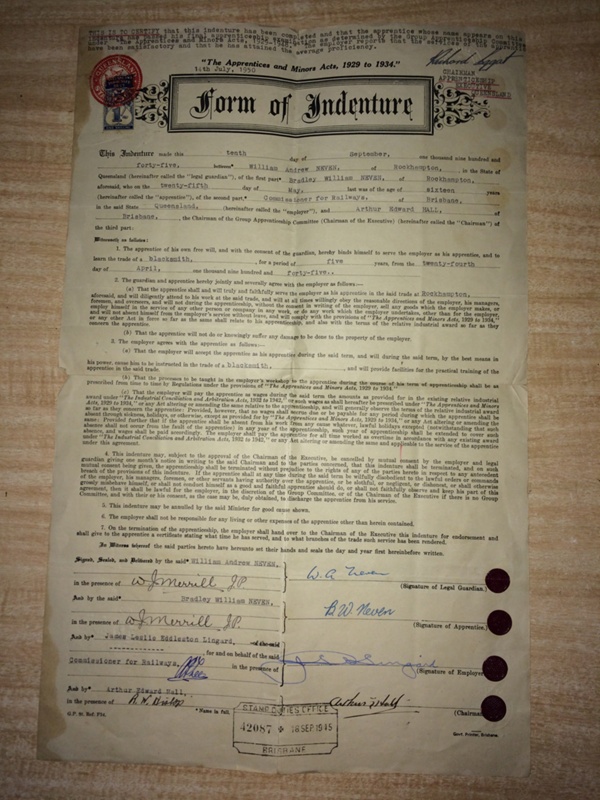 Bradley William Neven - Indenture Certificate - Issued 1945; 1945; A ...