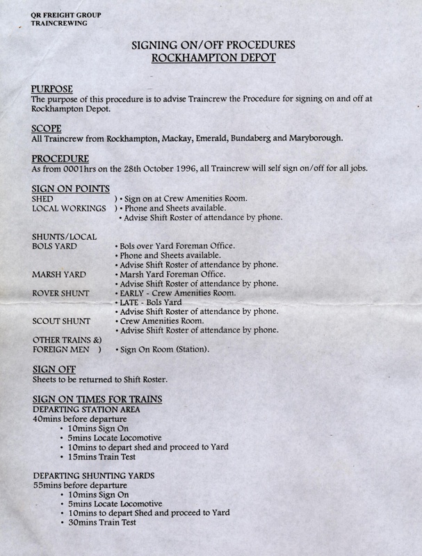 Signing ON/OFF Procedures Rockhampton Depot; A-1073 | eHive