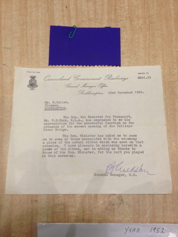Calliope River Railway Bridge Opening 1966 : Letter of Appreciation ...