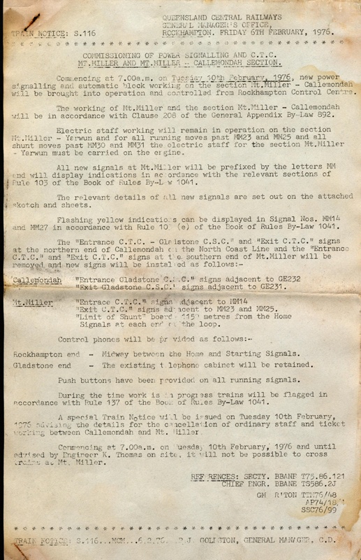 Train Notice: S116 Commissioning of Power Signalling and C.T.C. Mt ...