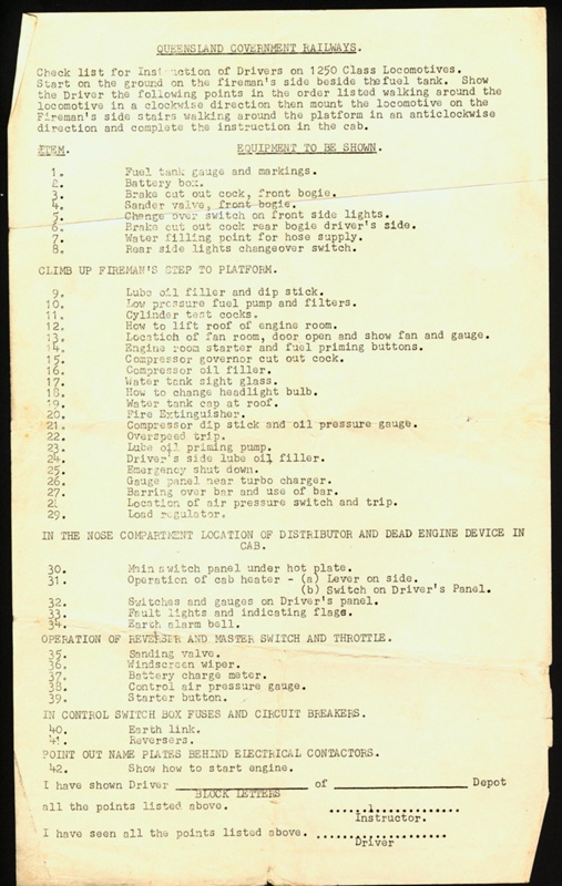 Check list for instruction of Drivers on 1250 Class Locomotives.; A ...