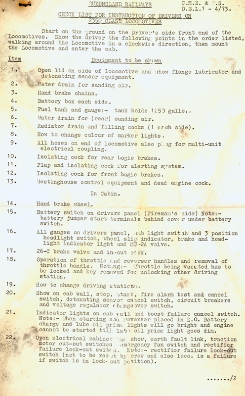 Check list for Instruction of drivers on 2350 Class locomotives; 1973 ...