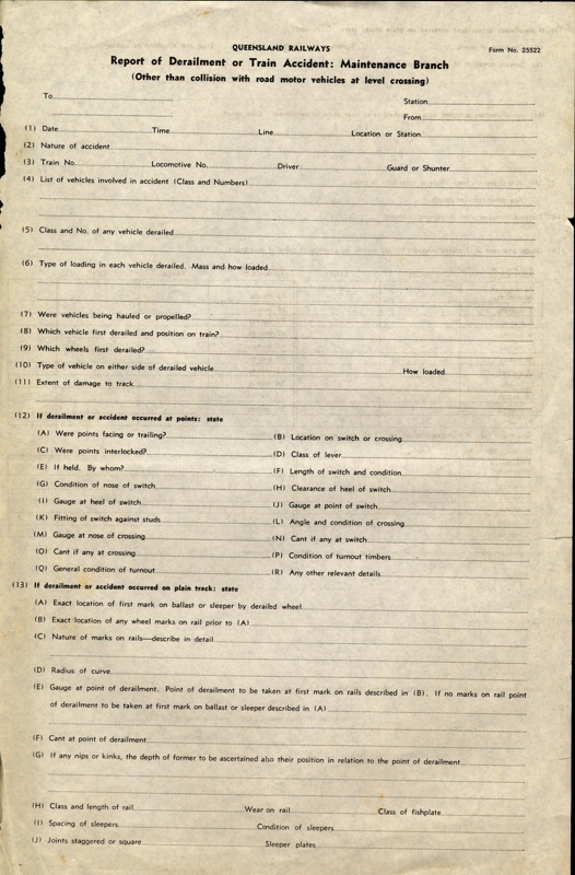 Form 25522 - Report of Derailment or Train Accident: Maintenance Branch ...