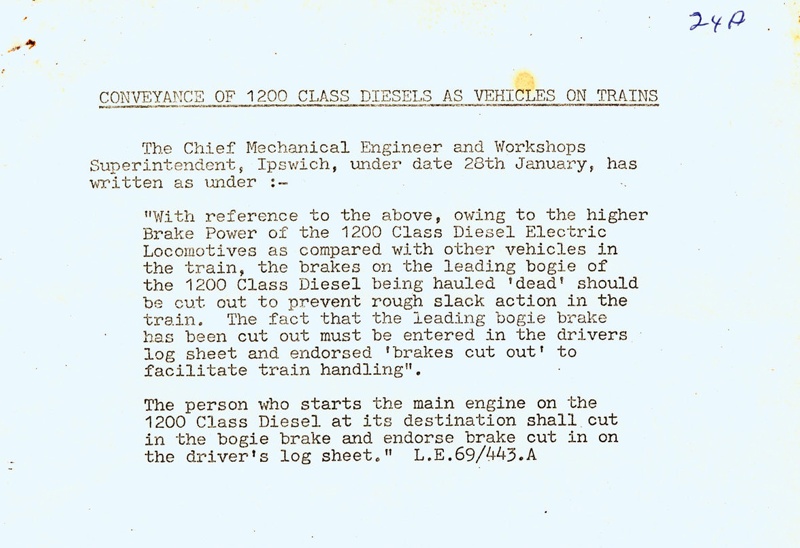 Handout: Conveyance of 1200 Class Diesels as Vehicles on Trains; A-1944 ...