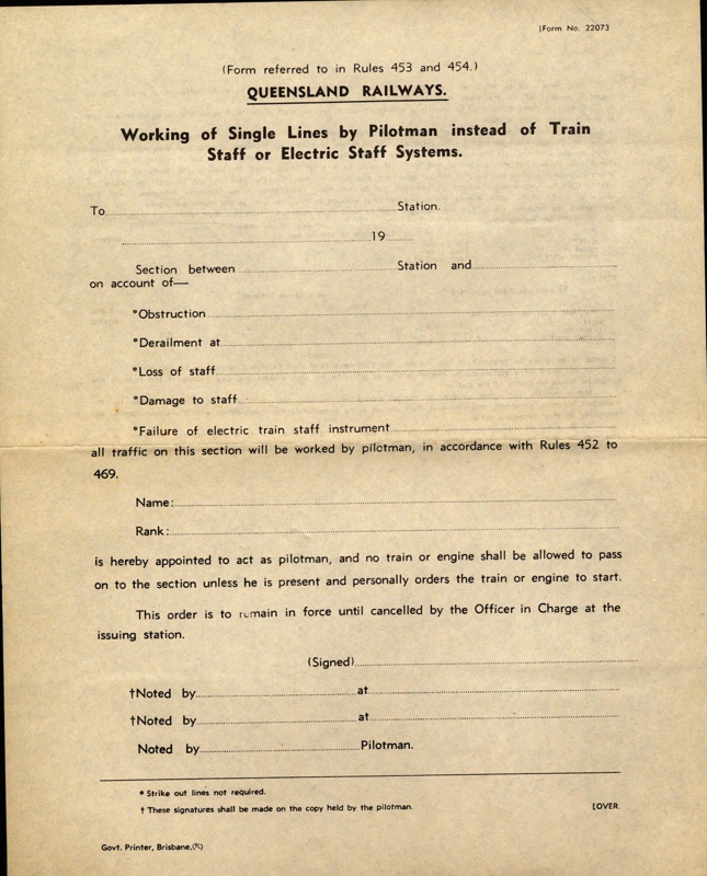 Form No. 22073 Working Single Lines by Pilotman instead of Train Staff ...