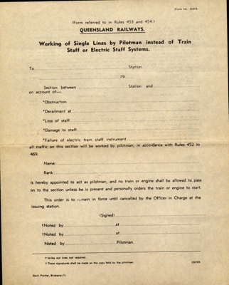 Form No. 22073 Working Single Lines by Pilotman instead of Train Staff ...