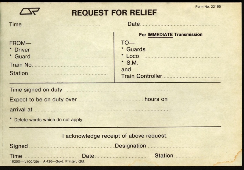 Queensland Railways Form No. 22165 - Request for Relief Book; A-1654 ...