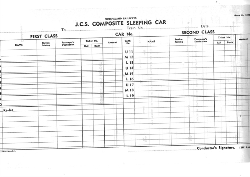 J.C.S. Composite Sleeping Car passenger record form; Qld Rail; A-0491 ...