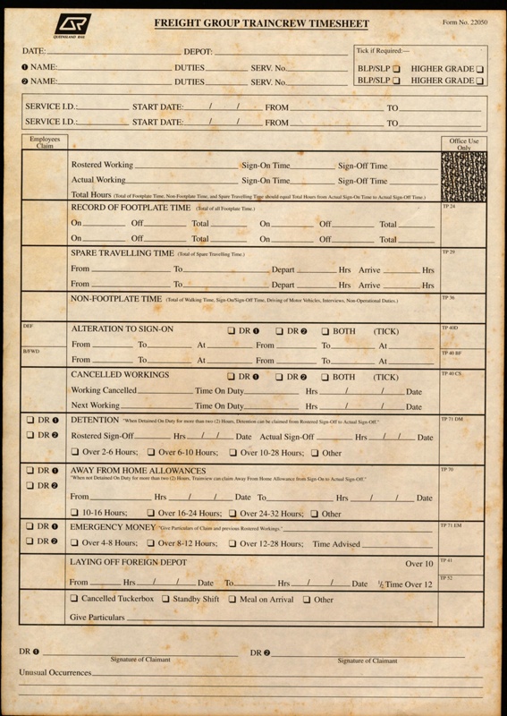 Form no. 22050 Freight Group Traincrew Timesheet; A-1238 | eHive