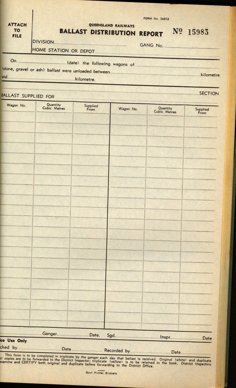 Queensland Railways Form No. 26013 - Ballast Distribution Report Forms ...