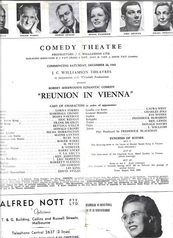 Comedy Theatre Melbourne Programme 1942 Reunion in Vienna Lorna Forbes ...