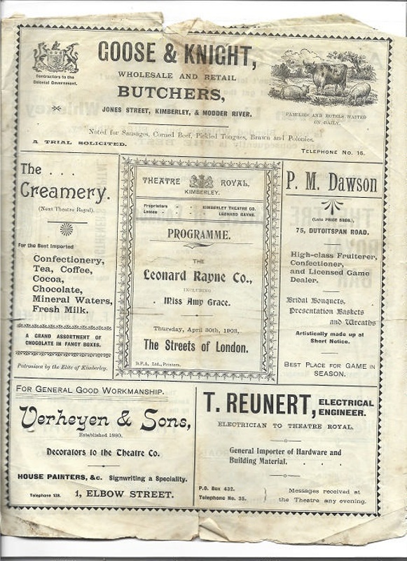 Theatre programme 1903 Theatre Royal Kimberley South Africa The Streets ...