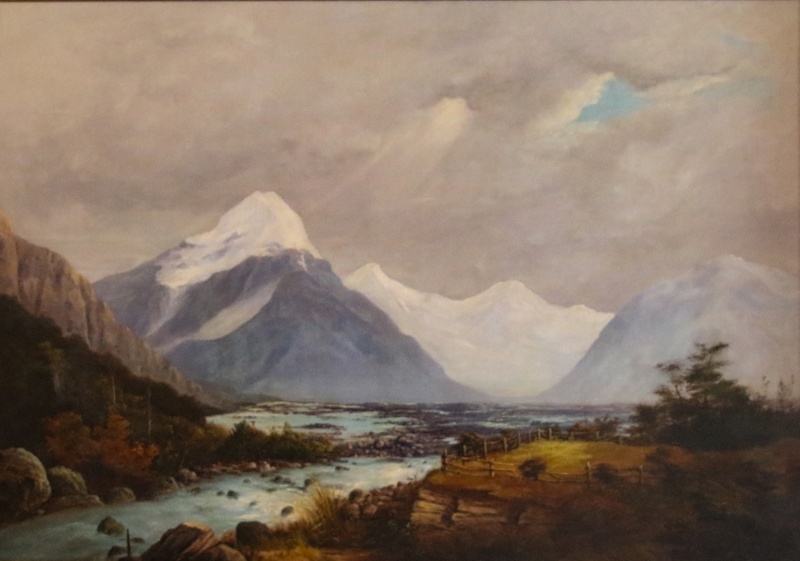 Untitled - Mount Cook and Tasman River with fenced cattle-yard; Frank ...