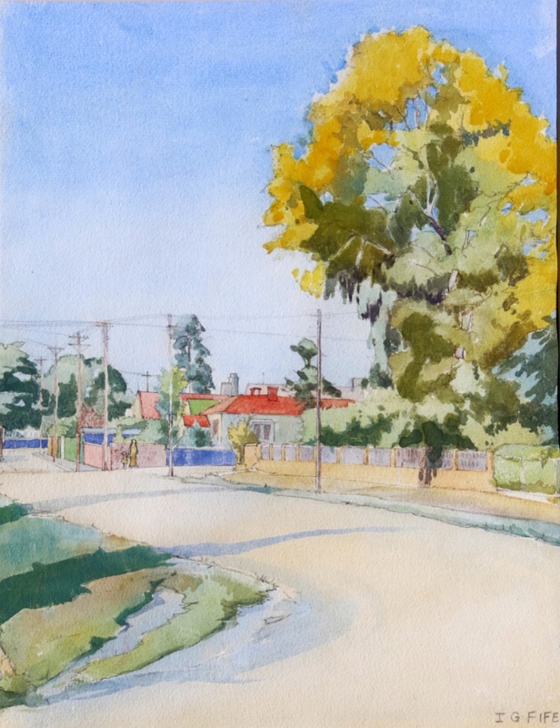 Untitled - Street Scene with Houses and Tree with Yellow Blossom; Fife ...