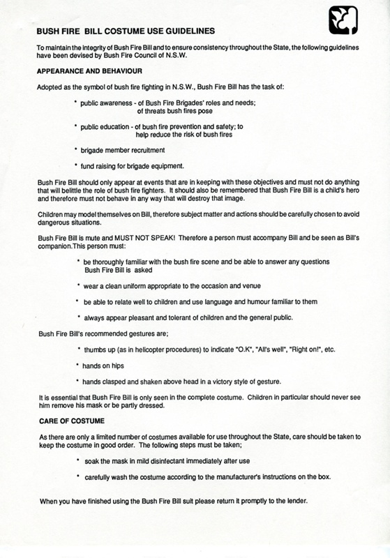 Bush Fire Bill Costume Use Guidelines; Bush Fire Council of N.S.W ...