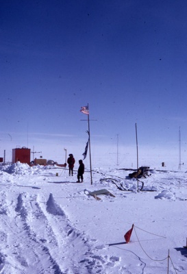 Antarctica. American Flag, Buildings, Sledge and Workers.; Colin ...