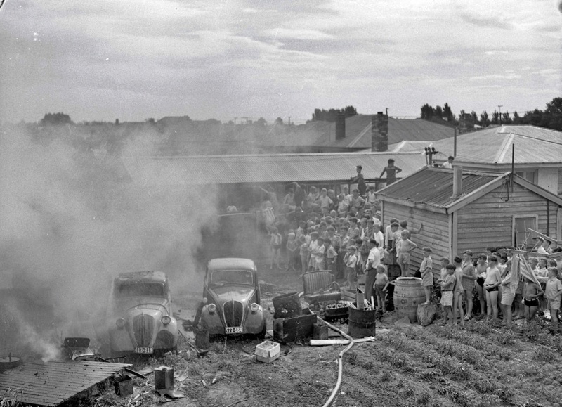 Fire. Fiat Cars. Crowd of Onlookers. Milton Street, Christchurch ...