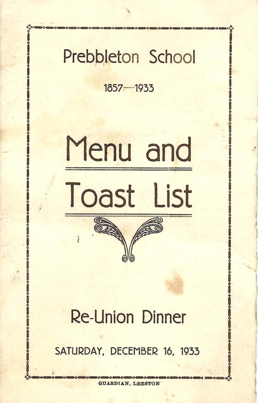 Prebbleton School 1857-1933 Re-union Dinner, Menu and Toast List ...