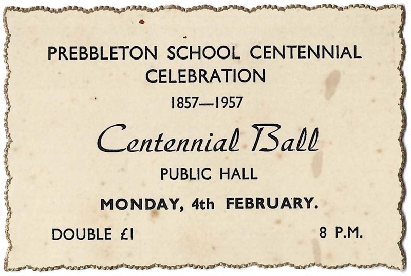 Prebbleton School 1857-1957 Re-Union Centennial Ball ticket.; Unknown ...