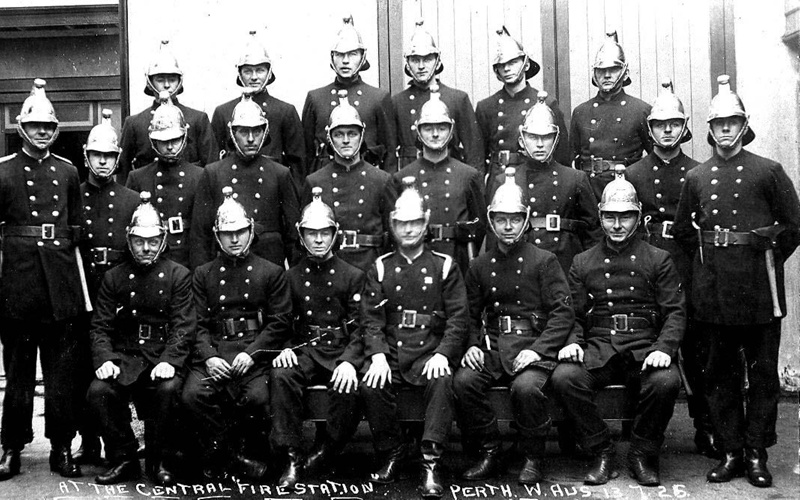 Photograph, Group of firefighters at rear yard of Perth Central Fire ...