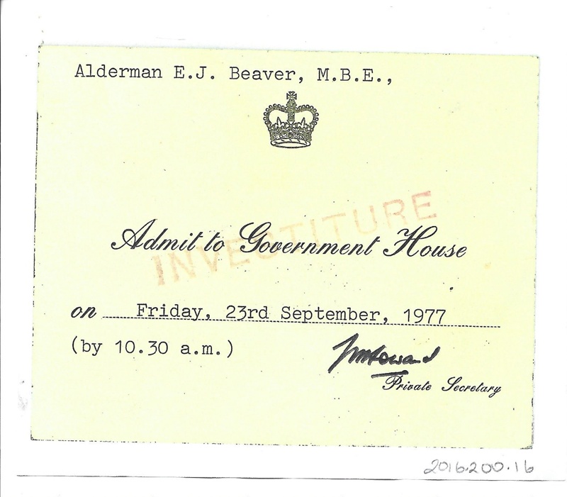 E.J. Beaver - MBE Investiture Invitation; 1977; 2016.200.16 | eHive