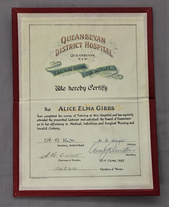 Nurse's Certificate - Alice Elma Gibbs; Queanbeyan District Hospital ...