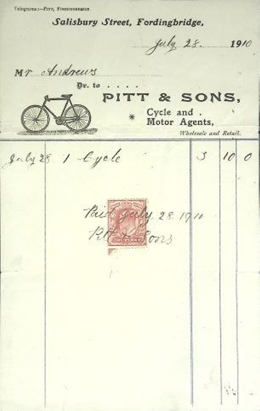 Pitt & Sons Cycle and Motor Agent receipt July 28 1910; Pitt & Sons; 28 ...