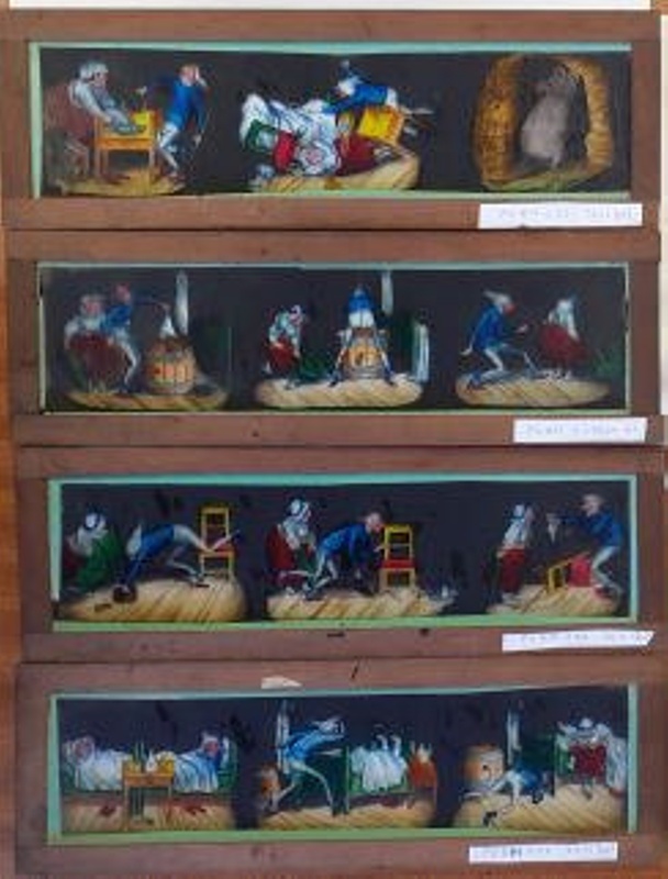 4 Glass magic lantern slides, each with three images appearing to tell ...
