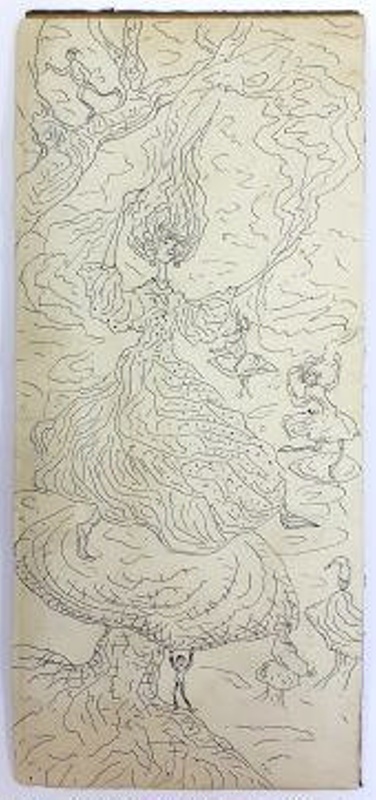 Drawing ,pen and ink of large fairy of the woods with smaller ...