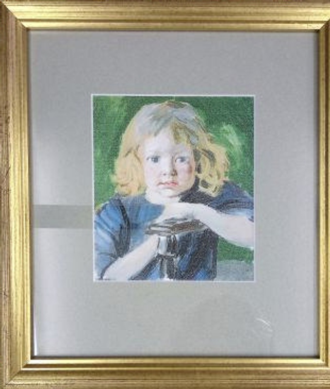Framed print of a painting of a golden haired, young child in a blue ...