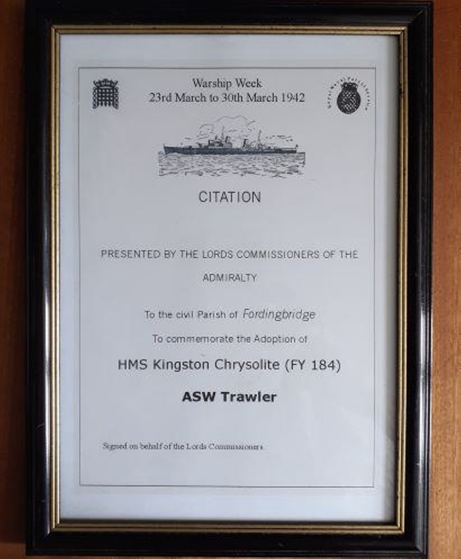 Citation, framed, from the Admiralty re adoption of HMS Kingston ...