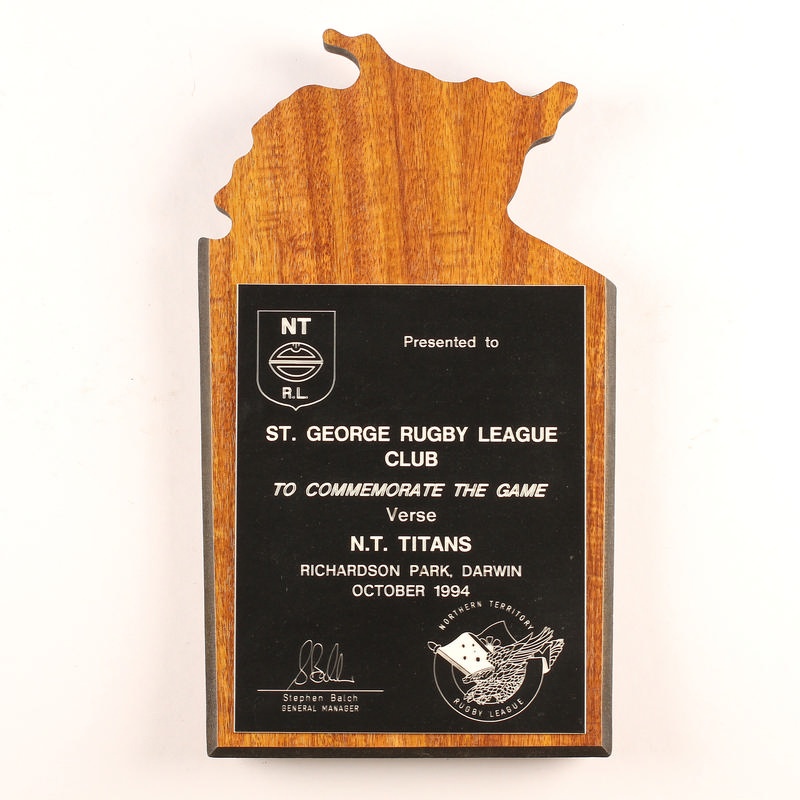 Plaque - Presented to St. George Rugby League Club, ; 1994; 20-0400 | eHive
