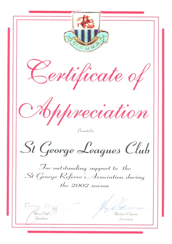 Certificate - Presented to St. George Leagues Club. 2002; 2002; 20-0273 ...