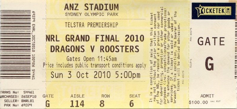 Ticket - Grand Final (Ticketek) Tickets to Grand Final, ; 2010; 20-0521 ...