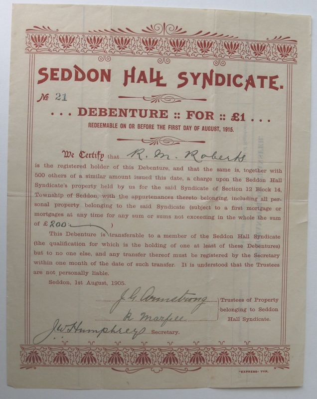 Debenture certificate for Seddon Hall; 1905; FSA2015.001.0002 | eHive