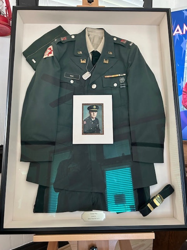 Military Uniform in glass shadow box - James Viox | eHive