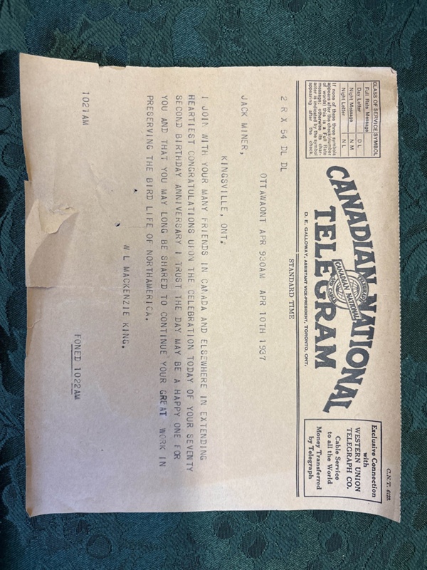 Birthday Letter from Prime Minister Mackenzie King to Jack Miner ; 1937 ...