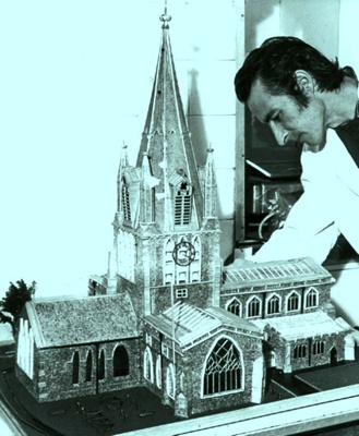 A photograph showing M.J. Warner and his model of St Mary's Parish ...