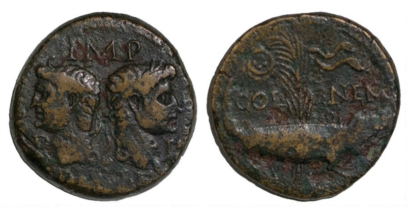 Roman Imperial Coin, Bronze As, Augustus; 10-14 CE; Gaul, Nemausus; 151 ...