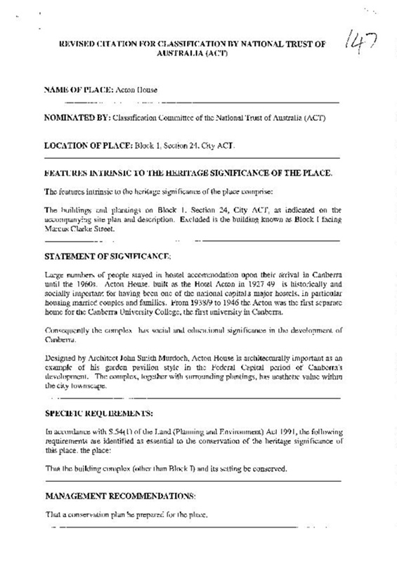 Hotel Acton [Revised Citation for Classification by National Trust of ...