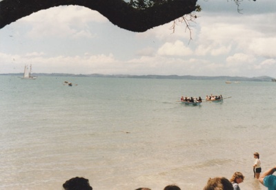 A ship arriving off Howick Beach during the November 1965 re-enactment ...